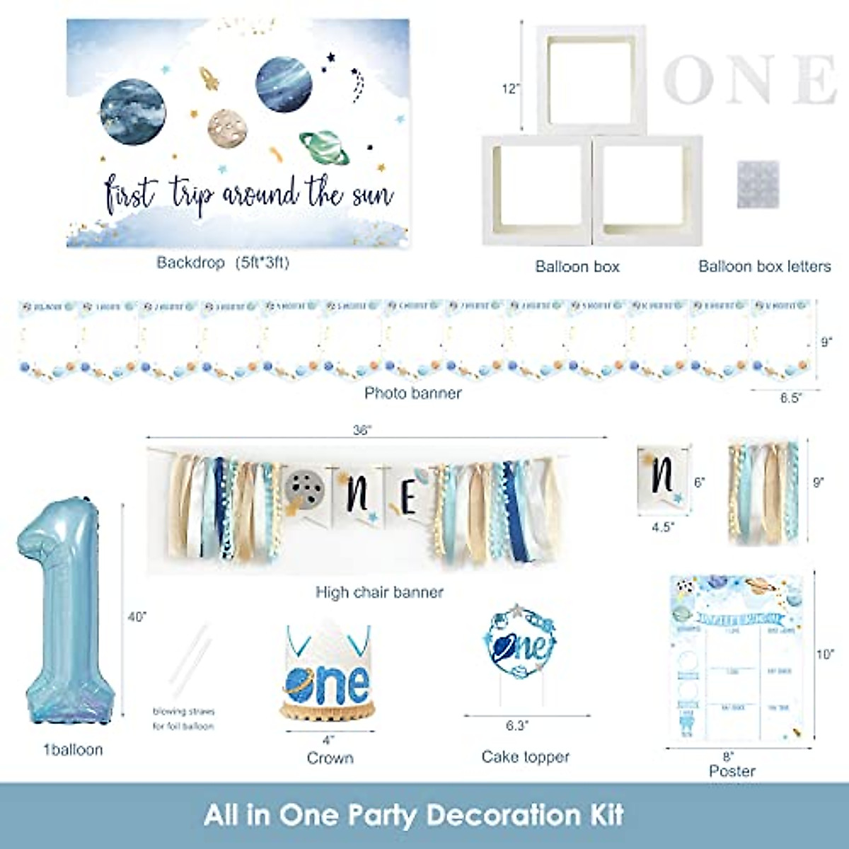 YSHMFEUX First Trip Around The Sun Birthday Decorations Party Supplies, Space Theme 1st Birthday Party Decor, 1st Birthday Boy Decorations, Baby Boy 1st Birthday Decor