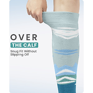 OutdoorMaster Ski Socks, 2-Pair Pack Skiing and Snowboarding Thermal Socks for Women with Over the Calf Design w/Non-Slip Cuff, Mountain Patterns - Ocean Blue,M/L