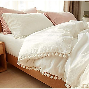 Softta Girls Bedding White Duvet Cover Full 3 Pcs Ruffle Pom-Fringe Pompoms Bohemian Bedding 100% Washed Cotton Boho Baby Teen Girls Bed Cover