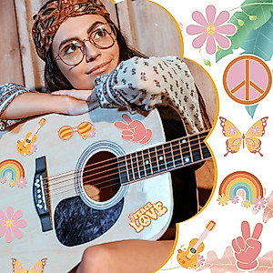 Colarr 60 Pieces Groovy Retro Hippie Boho Party Cutouts Decoration Retro Rainbow Butterfly Daisy Flower Cutouts Retro Bus Cutouts for Groovy Retro Hippie 60s 70s Party Decorations