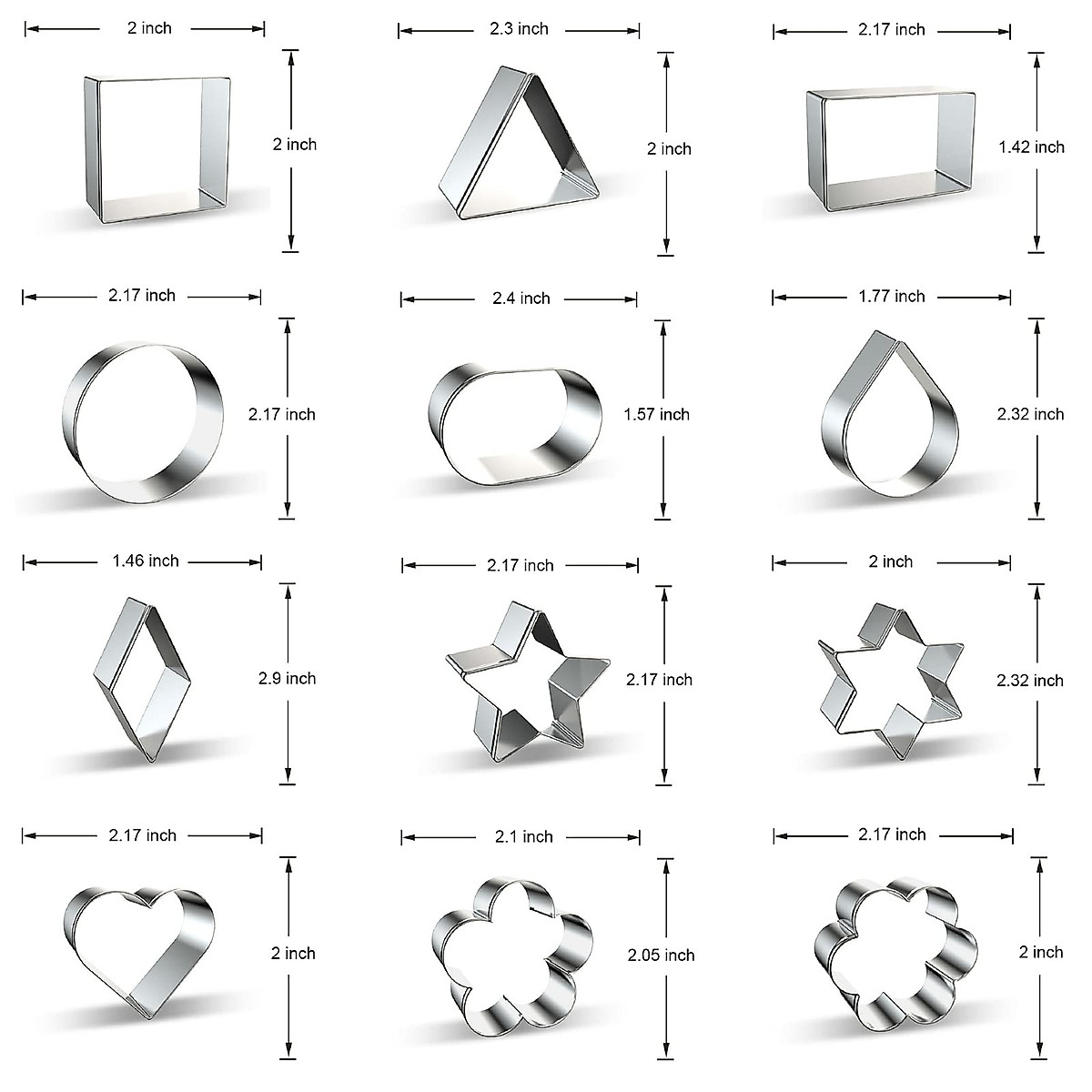 Geometric Classic Shapes Cookie Cutter Set of 12 - Heart, Flower, Star, Circle, Square, Triangle, Rectangle, Oval, Teardrop, Diamond, Star of David Shaped Cookie Cutters Biscuit Mold - Stainless Steel