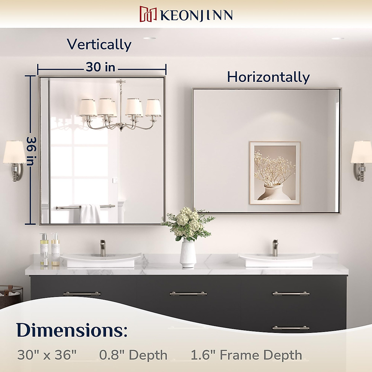 Keonjinn 30 x 36 in Brushed Nickel Bathroom Mirror for Over Sink, Rectangular Silver Metal Framed Rectangular Vanity Wall Mirror Square Corner Modern Farmhouse Rectangle Mirror(Horizontal/Vertical)