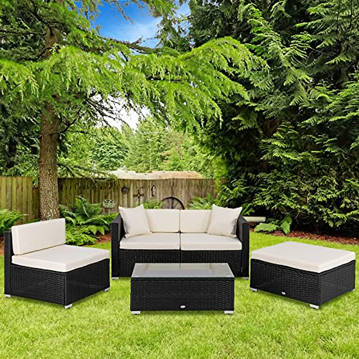 CharaVector Patio Furniture Set, Outdoor Sectional Rattan Sofa Wicker Conversation Couch Set 5 Pieces with Pillows&Coffee Table&Thick Cushions for Backyard Garden Poolside