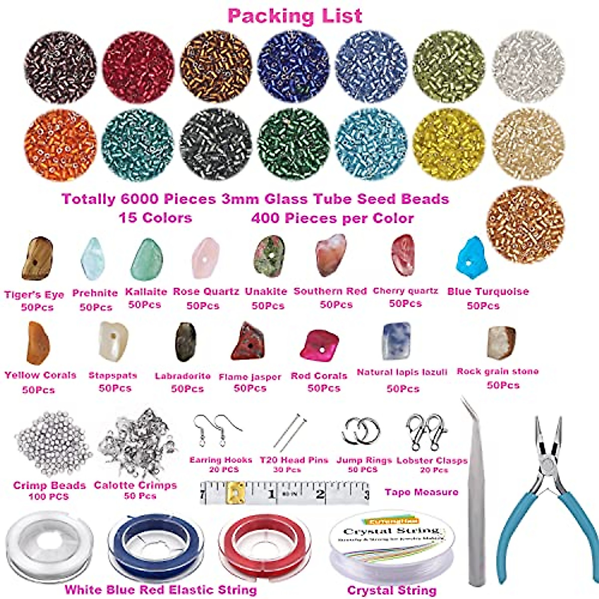 EuTengHao 7030Pcs Irregular Chips Stone Beads Natural Gemstone Beads and Glass Bugle Seed Beads Kit with Elastic String Pliers Lobster Clasps Jump Ring for Bracelet Necklace Earring DIY Jewelry Making