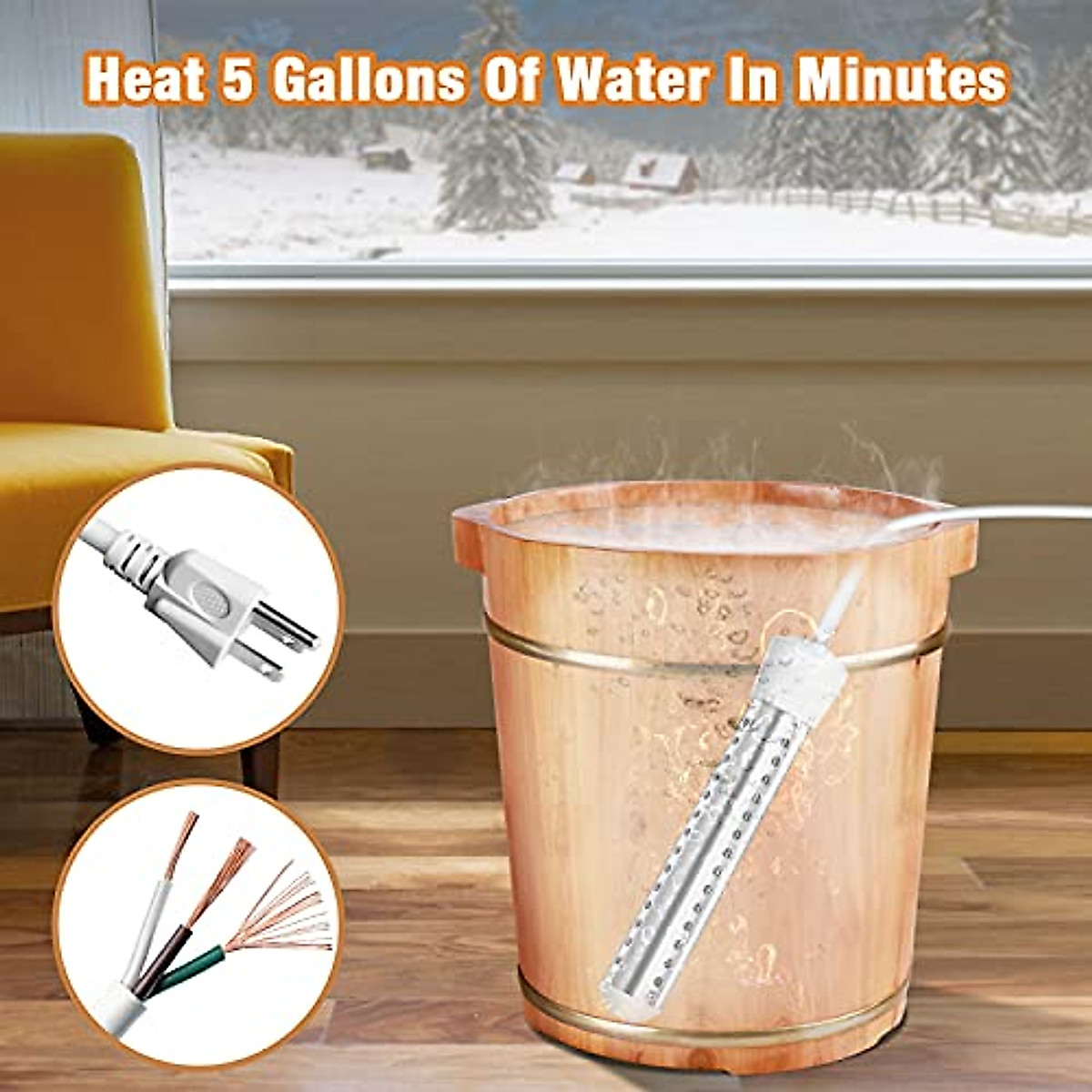 Soundfair Immersion Water Heater for Boiling Bathtub Water, Heavy Duty Submersible Bucket Water Heater with Metal Guard Cover to Heat 5 Gallons of Water in Minutes - U.S. Version