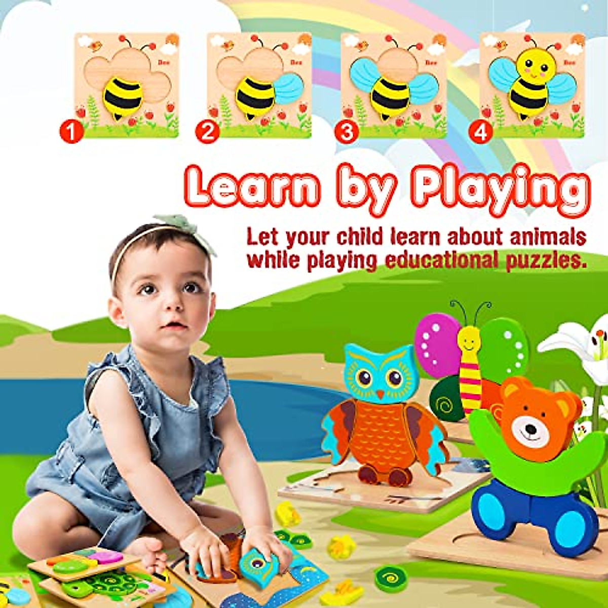 GEPER Wooden Puzzles for Toddlers 1-3, Animal Shape Toddler Puzzles Montessori Toy for 1 2 3 Year Old Boys Girls, Learning Educational Toys for Toddlers Early Development and Activity Toys Gifts