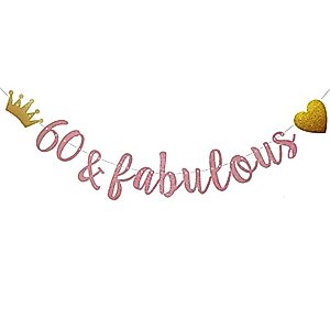 60 & fabulous Banner, Pre-Strung, No Assembly Required, Funny Rose Gold Paper Glitter Party Decorations for 60th Birthday Party Supplies, Letters Rose Gold,ABCpartyland
