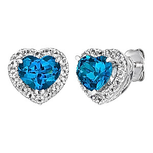 LE VIAN 3 2/3 Carat Blue and White Topaz Heart Halo Stud Earrings for Women in 14k White Gold with Push Back
