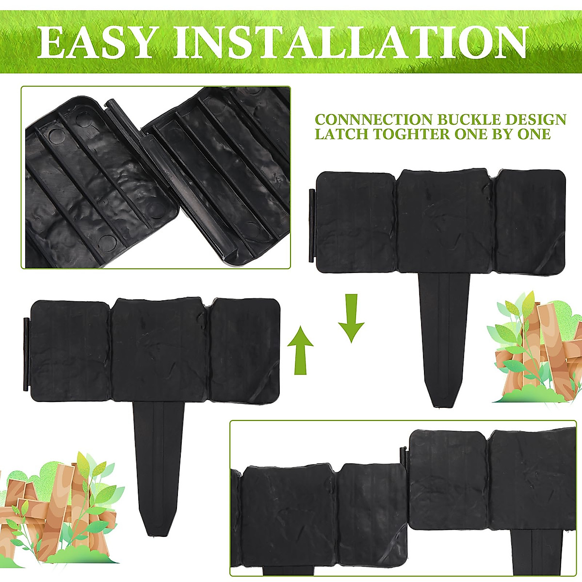 Geetery 50 Pcs Landscape Edging Border Garden Edging Borders Plastic No Dig Landscape Edging Black Stone Effect Fence Flower Bed Decorative Lawn Borders for DIY Outdoor Patio Balcony Yard Walkway