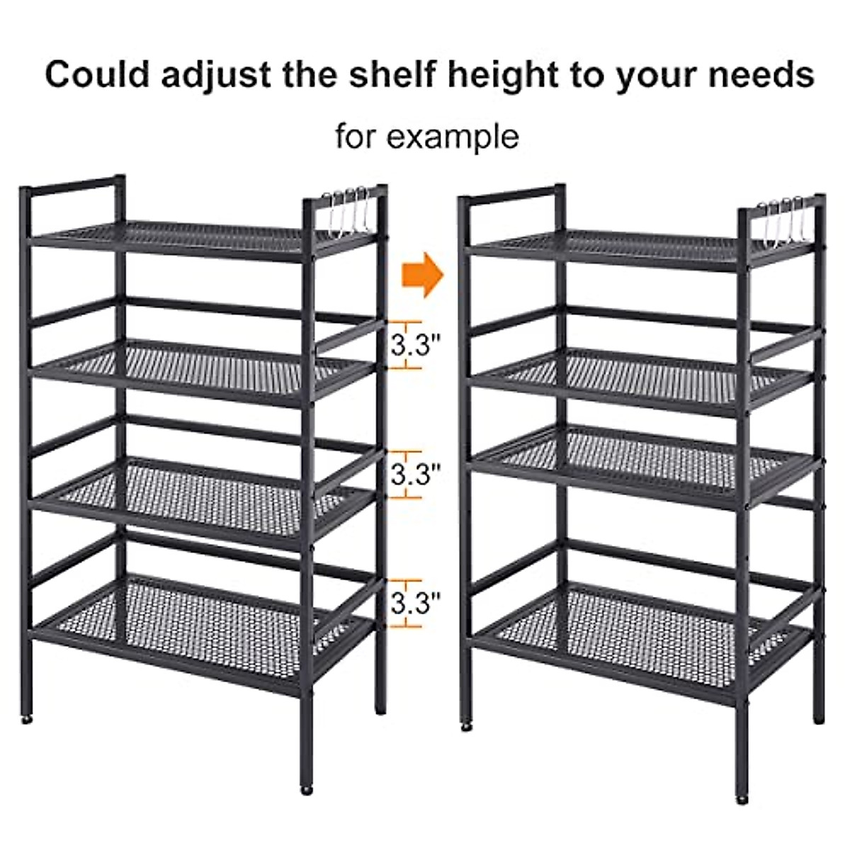 37.4" Metal Storage Shelf Rack Adjustable Height 4-Tier Utility Kitchen Standing Shelving w/ 4 Hooks, Shoe Rack heavy Duty for Laundry Bathroom Garage Pantry Load upto 83LBS per Tier, Matte Black