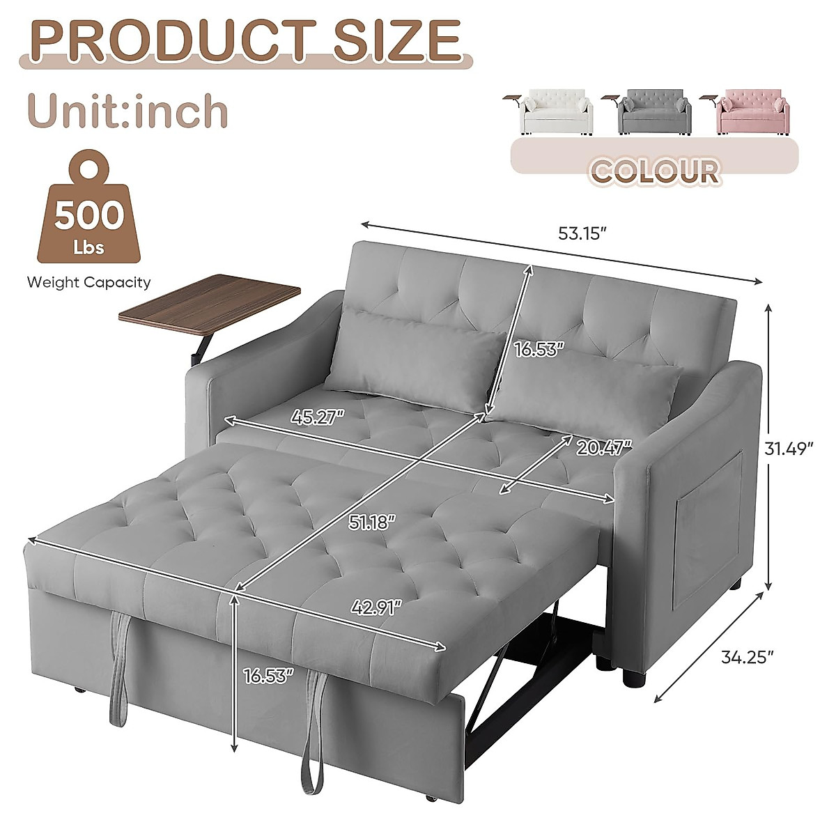 Antetek 3 in 1 Convertible Sofa Bed w/360° Rotating Side Table, 53" Modern Velvet Loveseat Sofa, Sleeper Pullout Bed w/Adjustable Backrest for Living Room Apartment, Office, Small Space, Grey