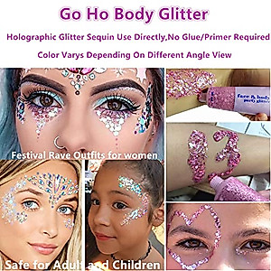 Go Ho Pink Body Glitter Gel and 2 PCS Hot Pink Heart Earrings for Women,Sparkle Pink Holographic Chunky Sequins Glitter Gel with Pink Heart Earrings for Singer Concerts Face Body Glitter Makeup