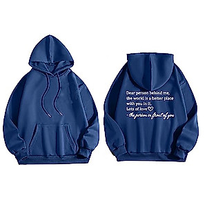 PANOEGSN Dear Person Behind Me, Casual Hoodies for Women Long Sleeve Crewneck Sweatshirt Drawstring Pullover Tops with Pocket My Recent Orders 2023 Fall Autumn Winter Sweatshirts Hoodie Blue