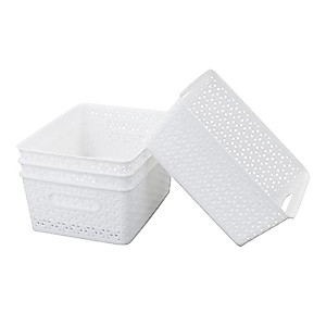 AnnkkyUS 4-pack Plastic Storage Baskets, White Organizer Bins for Kitchen Office