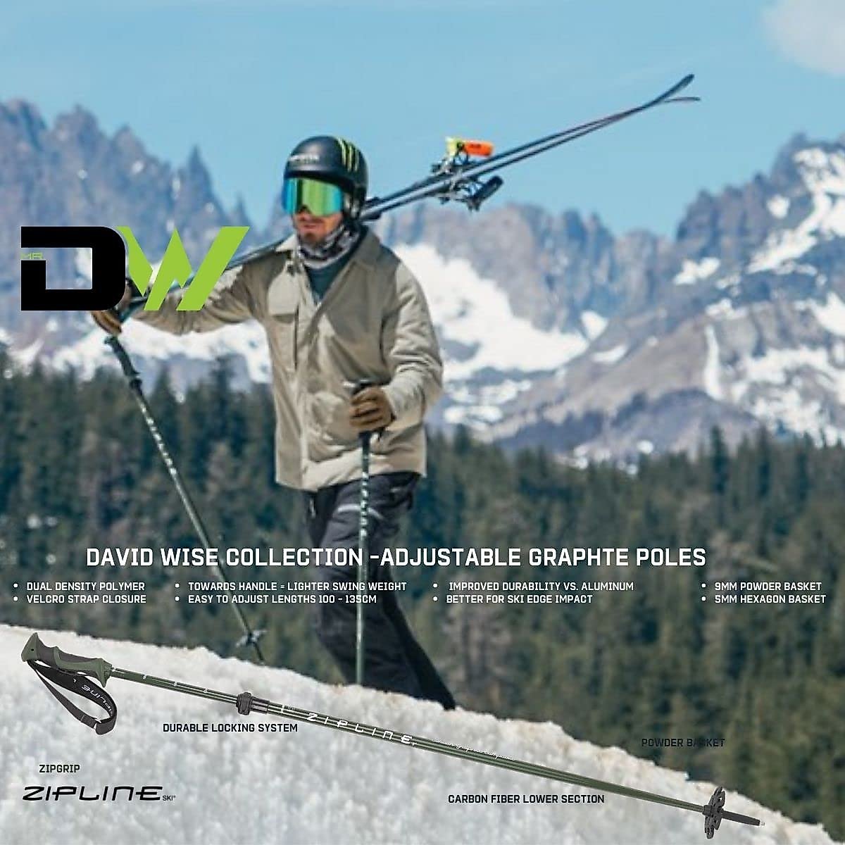 Zipline Blurr EXT - MRDW Collection - Adjustable Graphite Composite Ski Pole (100 cm - 130 cm - Regular Handle, Carbon Weave)