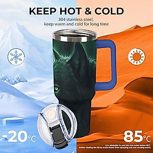 LLUTSNTH 40 Oz Vacuum Tumbler with Deep Blue Handle Leakproof Insulated Tumbler Green Wolf Stainless Steel Travel Mug with Lid And Straw Coffee Cup Cute Water Bottles Cup Holder Friendly