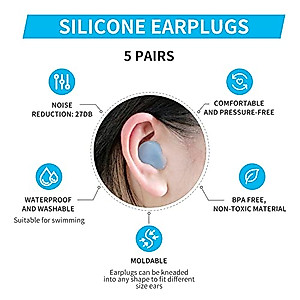 LYSIAN Soft Moldable Silicone Earplugs for Sleep, 5 Pairs, SNR 27dB Noise Cancelling Sleeping Ear Plugs for Swimming, Travel, Snoring(Blue)