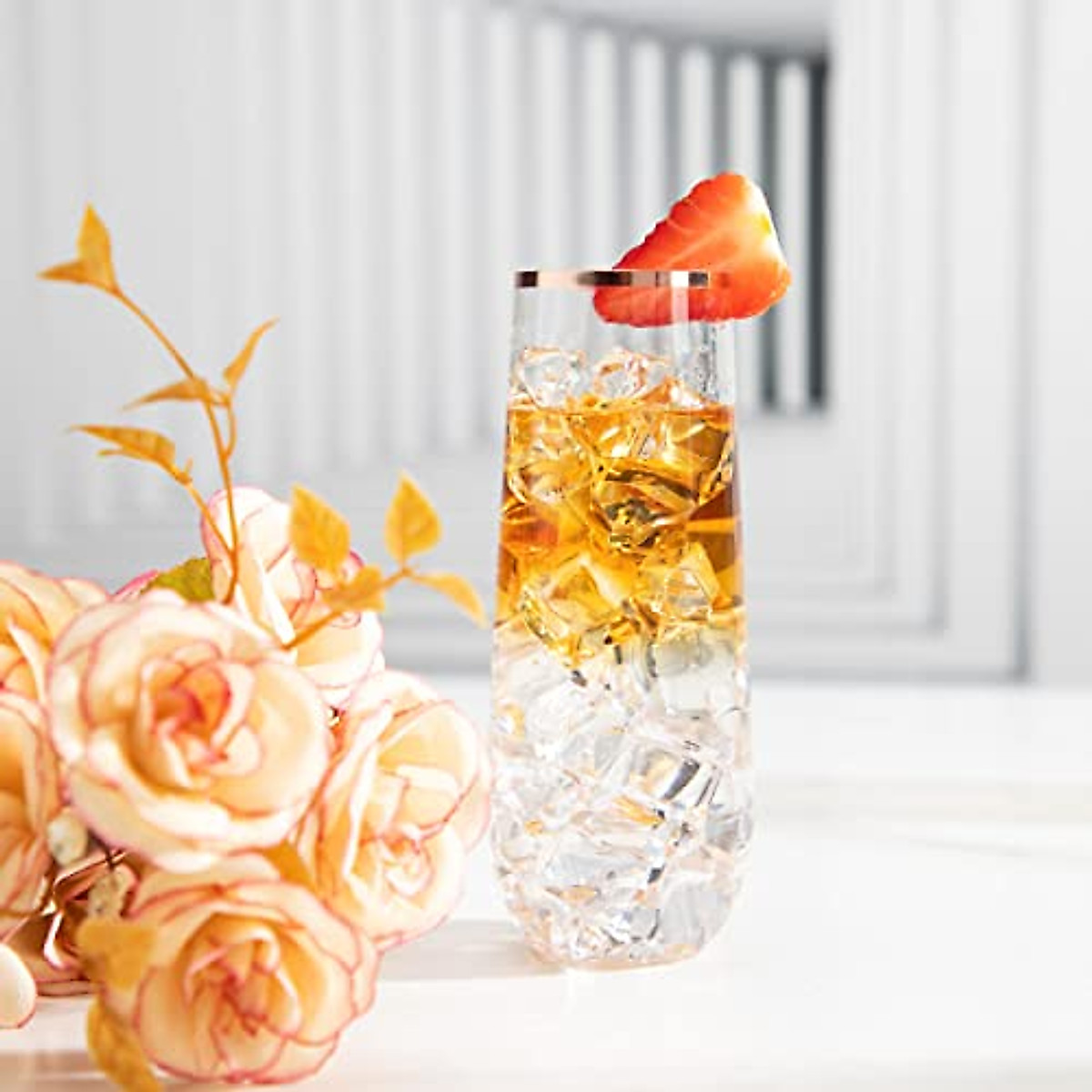 SUT 24PCS Rose Gold Champagne Flutes Plastic, 9oz Stemless Plastic Champagne Glasses, Rose Gold Rim Clear Plastic Toasting Glasses, Unbreakable, Shatterproof Mimosa Glasses, For Party, Easter & Shower