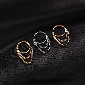 Septum Jewelry 16G Septun Rings Silver Daith Earrings Surgical Steel Septum Clicker Chain Nose Ring Rook Earrings Seamless Conch Piercing Jewelry Septum Cartilage Helix Tragus Hoop Earrings 8mm
