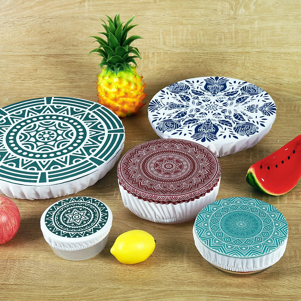 10Pcs Reusable Bowl Covers In 5 Size, Stretch Cloth Fabric Dish Cover Kitchen Storage Containers Lids for Fruits Food Leftover Dough Bread Proofing