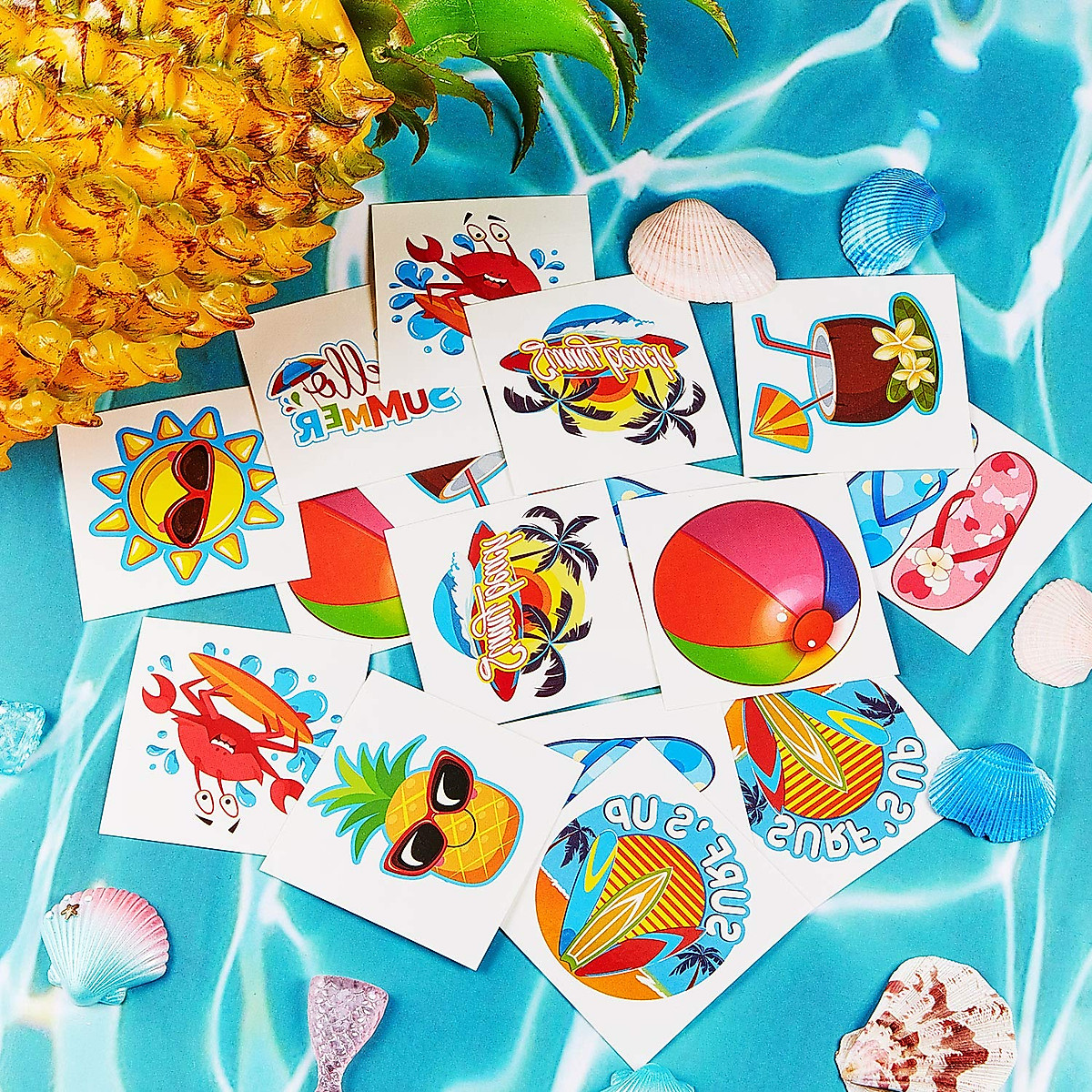 Patelai 144 Pieces Kids Summer Party Tattoos Beach Hawaiian Luau Themed Waterproof Temporary Tattoos, 9 Styles