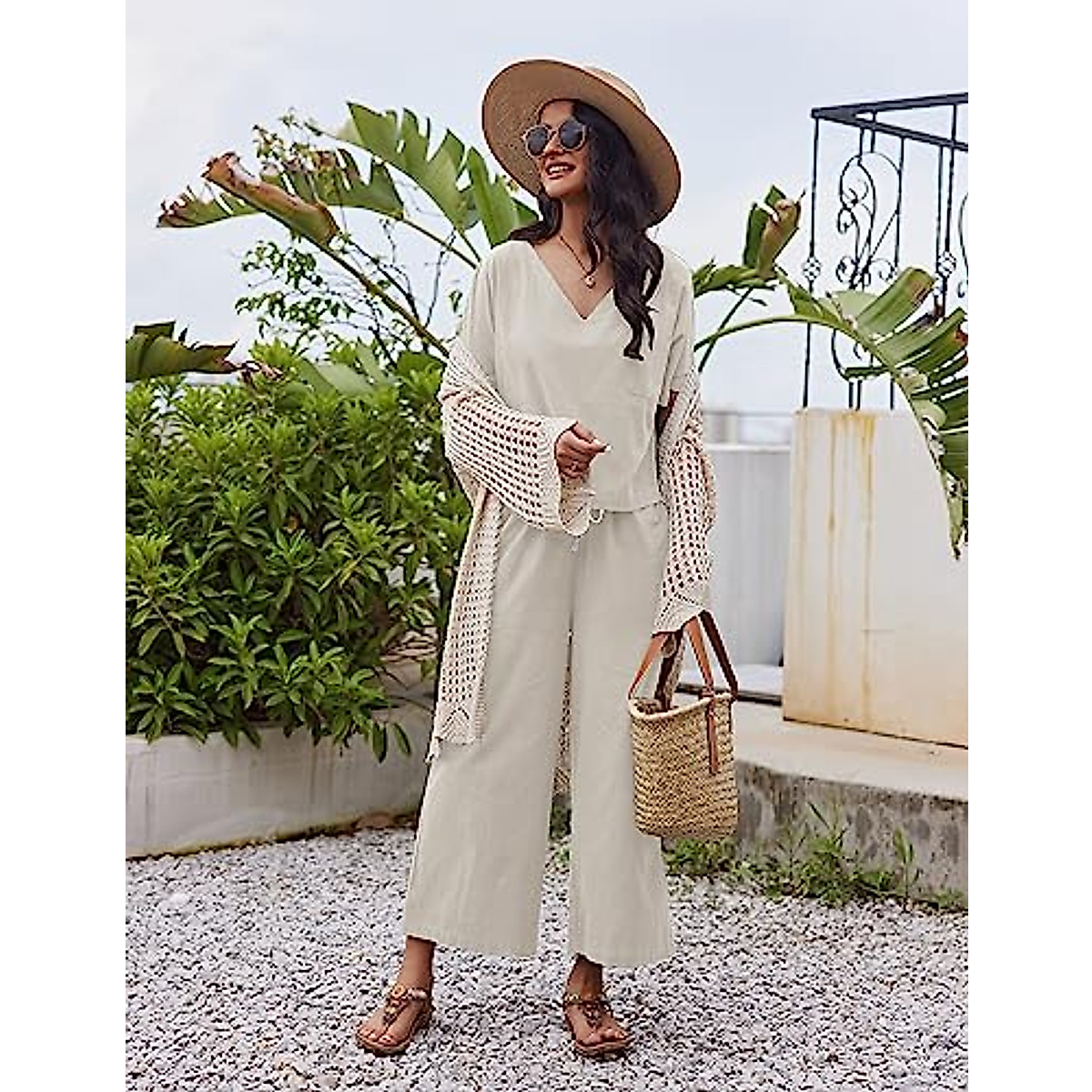 Ekouaer Womens Short Sleeve Top Wide Leg Pants Sleepwear Cotton Linen Loungewear Pajama Set, White, Medium