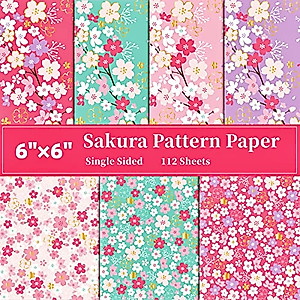 CUTBLAJAT 112 Sheets Heavier Origami Paper Japanese Cherry Blossom Pattern Sakura Bronzing Chiyogami 6" 15cm Washi Easy Fold Paper for Beginner