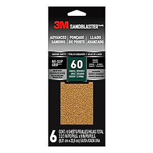 3M 11060-G-6 Sandblaster Sandpaper with No-Slip Grip Backing, Gold, 3-2/3 in. x 9 in, 60 Grit, 6 Sheets/Pack, 10 Count