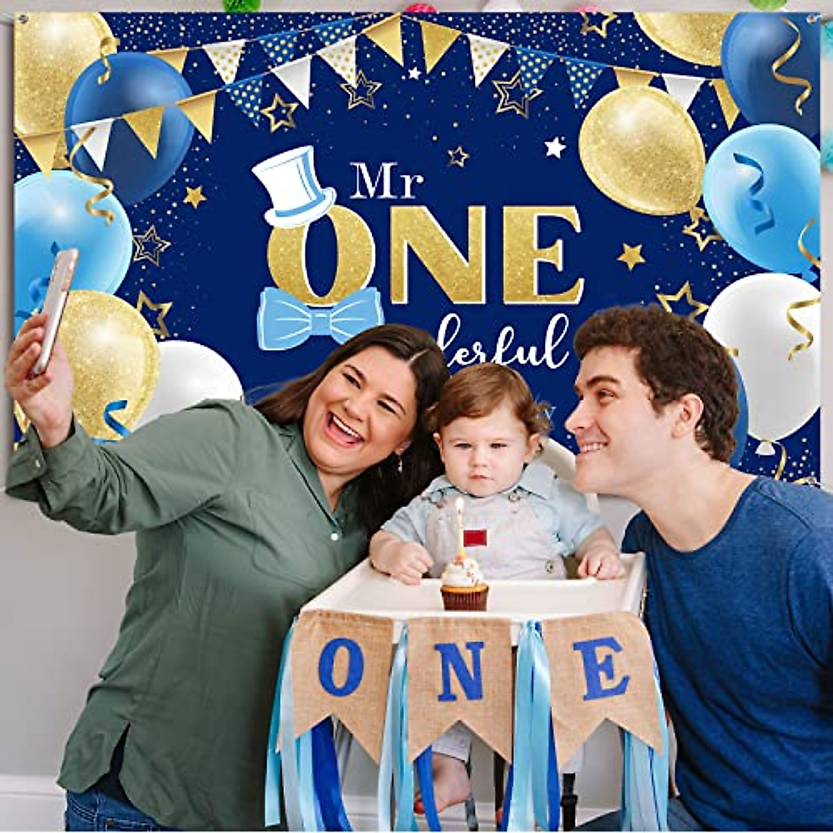 Boys 1st Birthday Decoration Mr. Onederful Birthday Party Supplies 1st Happy Birthday Backdrop Photography Background with Balloons for Baby Toddler Little Man First Birthday Decor (Blue and Gold)