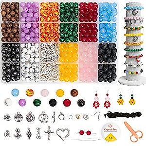 PAVA 440Pcs Crystal Beads for Bracelet Making Kit, 8mm Gemstone Beads Jewelry Making,Round Natural Stone Beads with Spacer Beads and Pendant Charms for DIY Jewelry Bracelets and Necklace Making