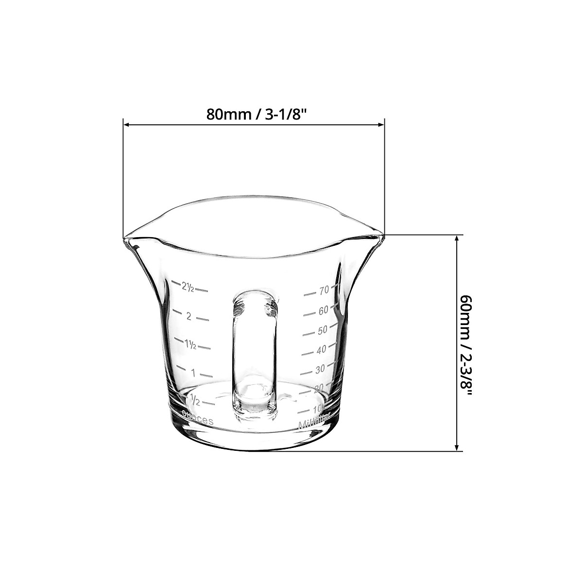 QWORK Espresso Shot Glass with Handle, 2 Pack 3-Ounce Double Spout Glass Measuring Cup Triple Pitcher Milk Cup with Two Scales (OZ&ML)