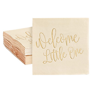BLUE PANDA 50 Pack Pink Baby Shower Napkins - “Welcome Little One”Light Tan Napkins with Gold Foil for Baby Shower Decorations (5x5 In) - Baby Shower Napkins for Girl - Napkins for Baby Shower