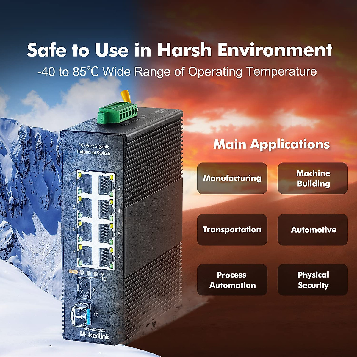 MokerLink 8 Port Gigabit Industrial DIN-Rail Ethernet Switch, 2 SFP Ports with 1 LC 20KM Module(SMF), IP40 Rated Unmanaged Network Switch (-40 to 185°F), with UL Power Supply