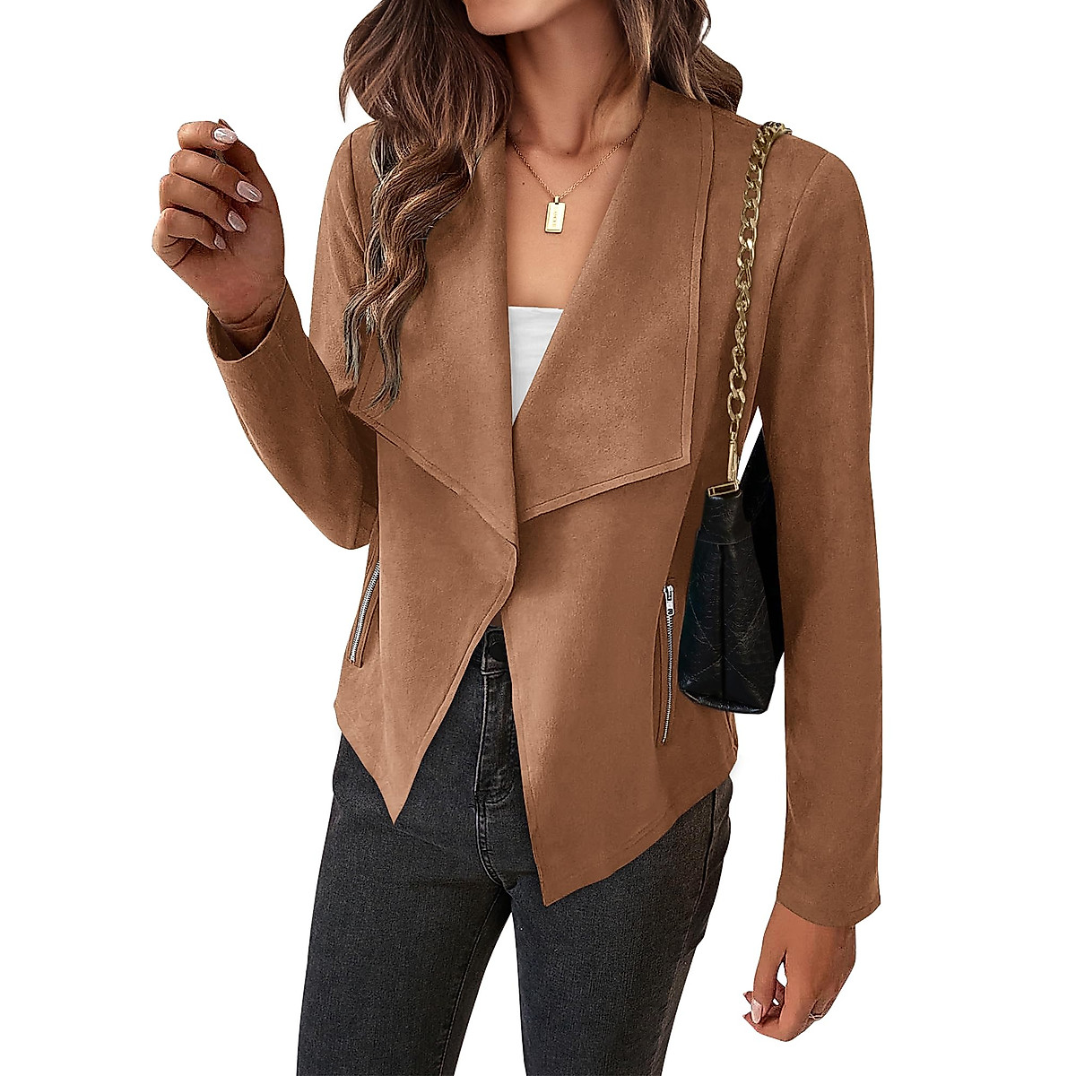 BTFBM Womens Faux Suede Jackets Dressy Spring Summer Clothes 2025 Lapel Long Sleeve Open Front Cropped Outerwear Coats(Solid Camel, Small)