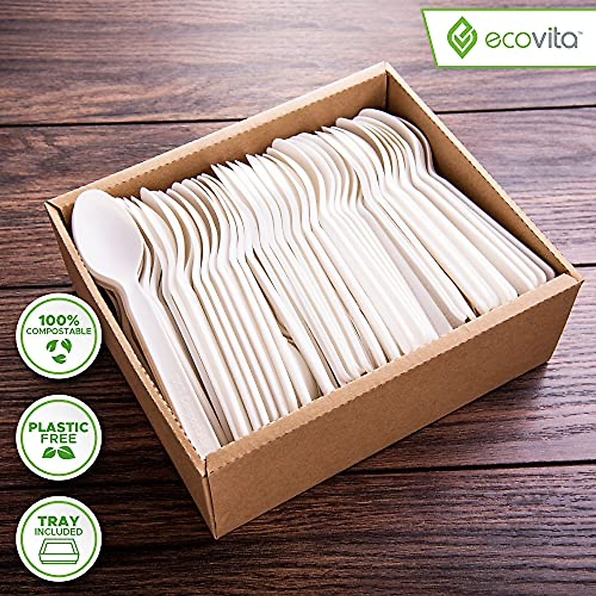 100% Compostable Spoons - 140 Large Disposable Utensils (6.3 in.) Eco Friendly Durable and Heat Resistant Alternative to Plastic Spoons with Convenient Tray by Ecovita