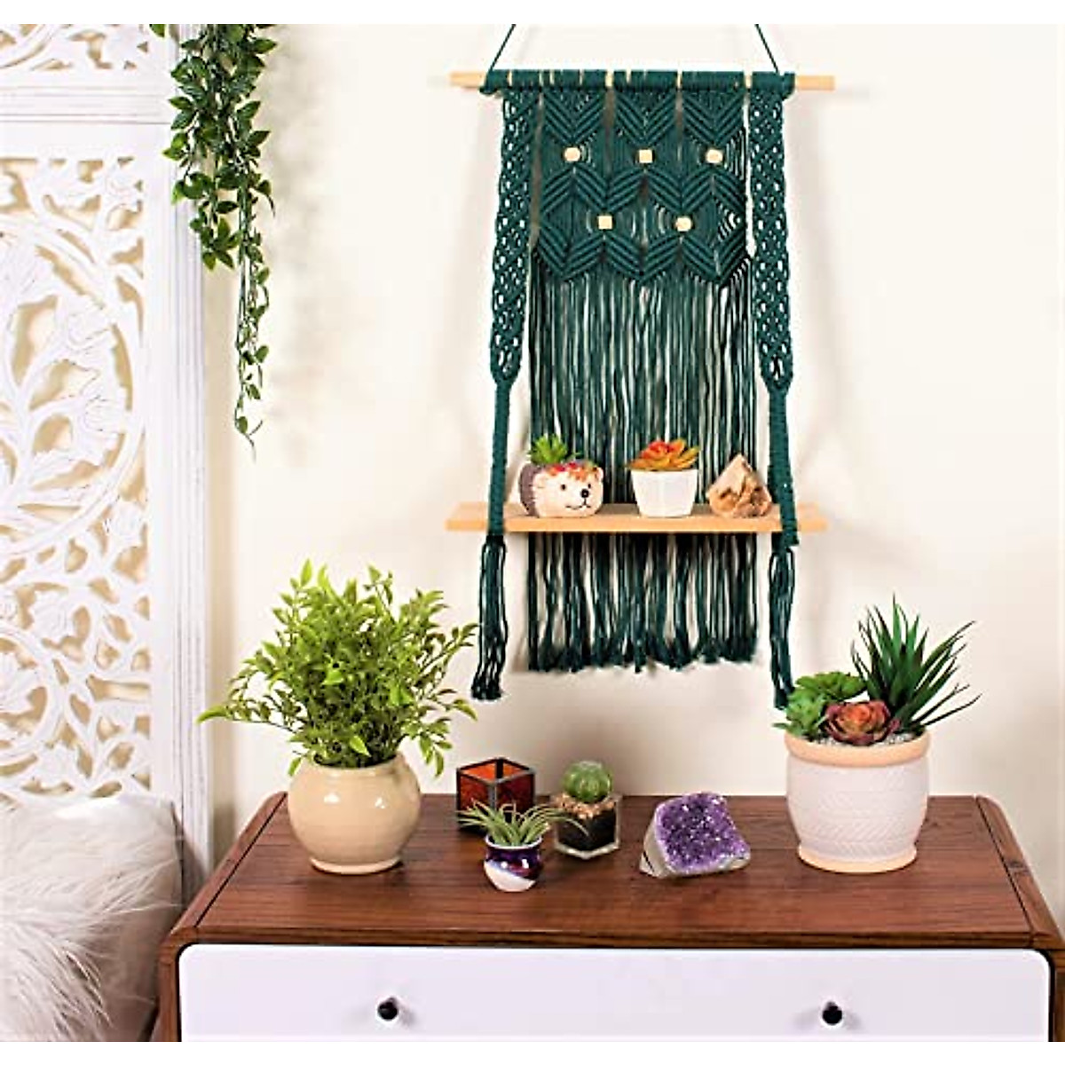 Macrame Wall Hanging Shelf-ideal décor-plants storage bookshelf-Bohemian Decorative Shelves-Boho Floating Indoor Shelving–For bedroom kitchen bathroom room with window Plant hanger-shelfs. Green