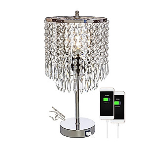 Popity home Crystal Table Lamp with Touch Control,Silver Lamp with Dual USB Charging Ports, 3 Way Dimmable Small Glam Lamp for Girls Bedroom, Living Room…