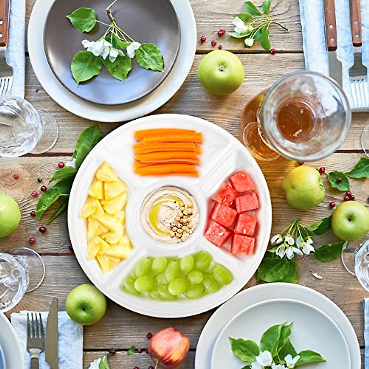 Okllen 12 Pack 5 Sectional Round Plastic Serving Tray, 12" Divided Candy Nut Serving Plate, Veggie Fruit Dish Platter Appetizer Tray for Dried Fruit, Snack, Desserts, Black & White