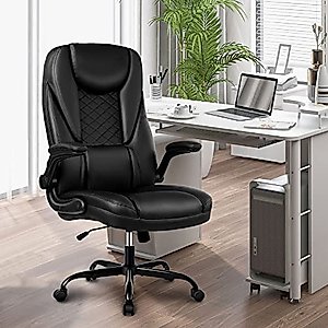 Guessky Office Chair, Executive Office Chair Big and Tall Office Chair Ergonomic Leather Chair with Adjustable Flip-Up Arms High Back Home Office Desk Chairs Computer Chair with Lumbar Support (Black)