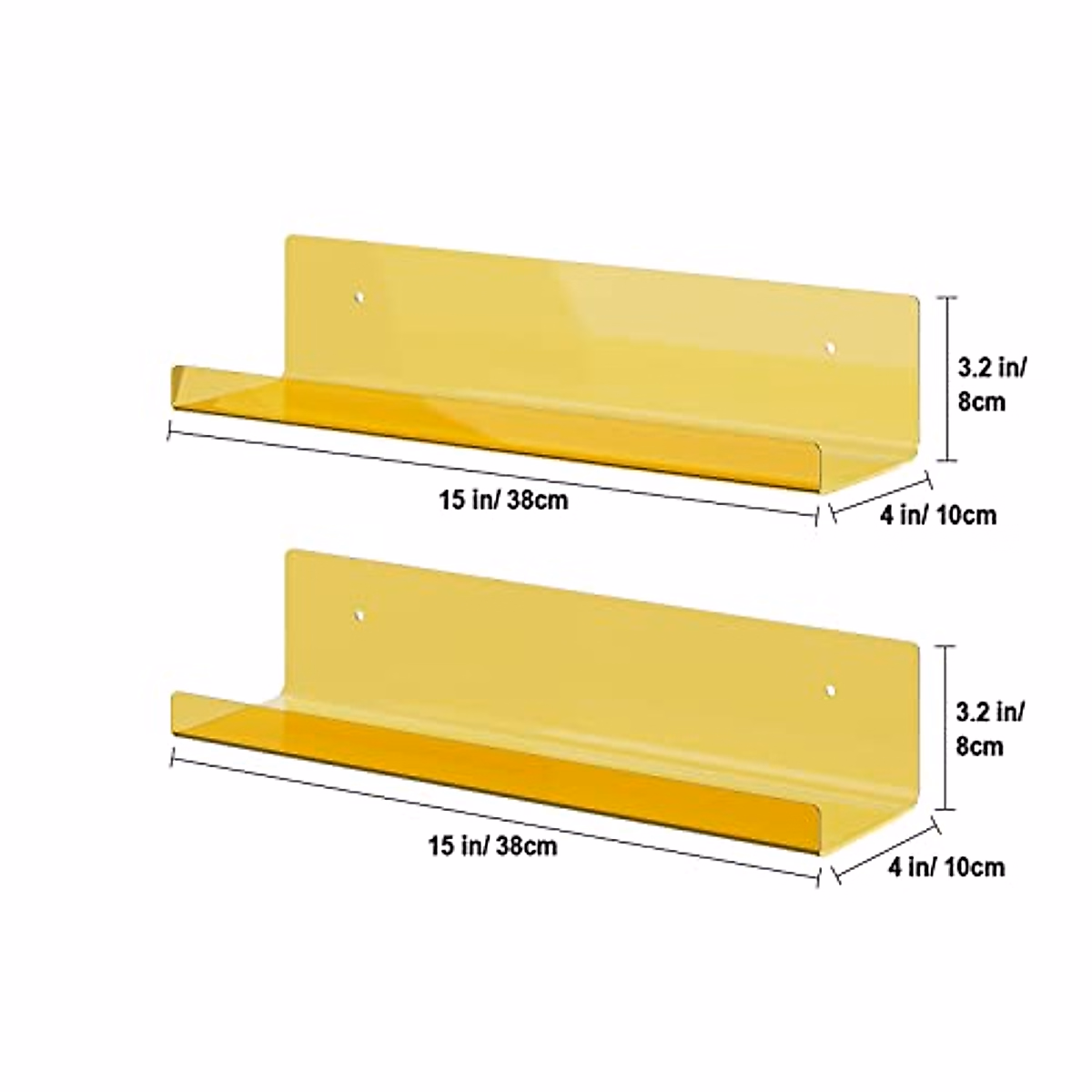 RRG 15 Inch Acrylic Floating Shelves, 2 Pack Kids Floating Bookshelf Wall Mounted Display Shelf for Books, Kids Room, Nursery, Bedroom, Bathroom, Living Room (Yellow)