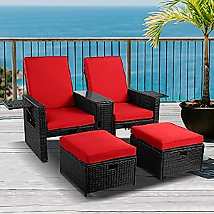 B BAIJIAWEI 5pcs Patio Wicker Loveseat - Outdoor Rattan Sofa Set with Cushion - Adjustable Lounge Chair with Ottoman Footrest, Wicker Furniture for Garden, Patio, Balcony, Beach, Coffee Bar, Deck