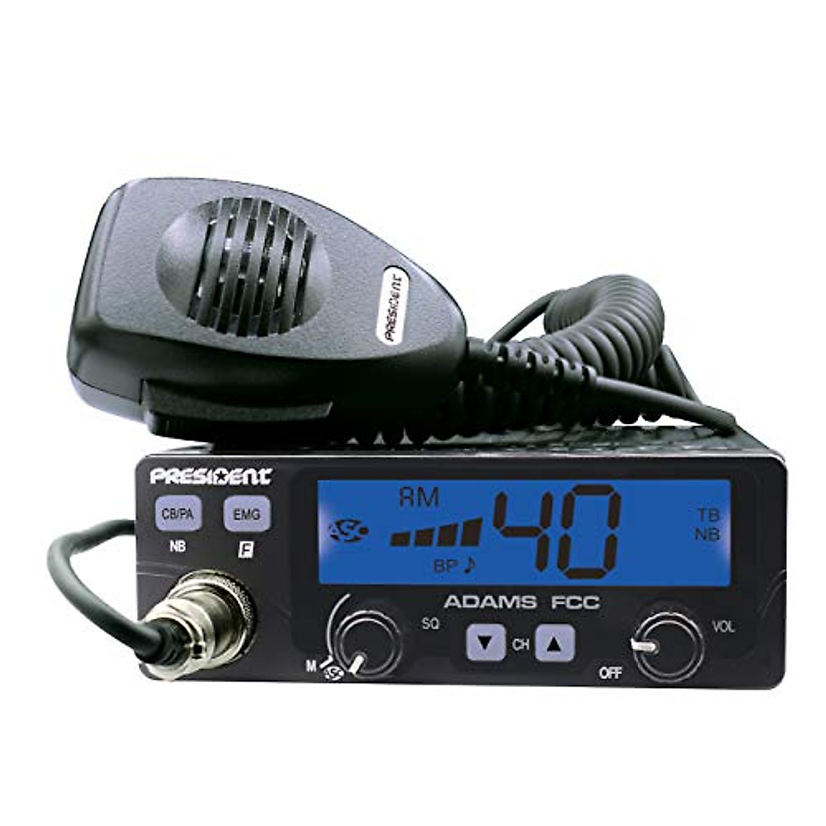 President Adams FCC CB Radio, Large LCD with 7 Colors, Programmable EMG Channel Shortcuts, Roger Beep and Key Beep, Electret or Dynamic Mic, ASC and Manual Squelch, Talkback