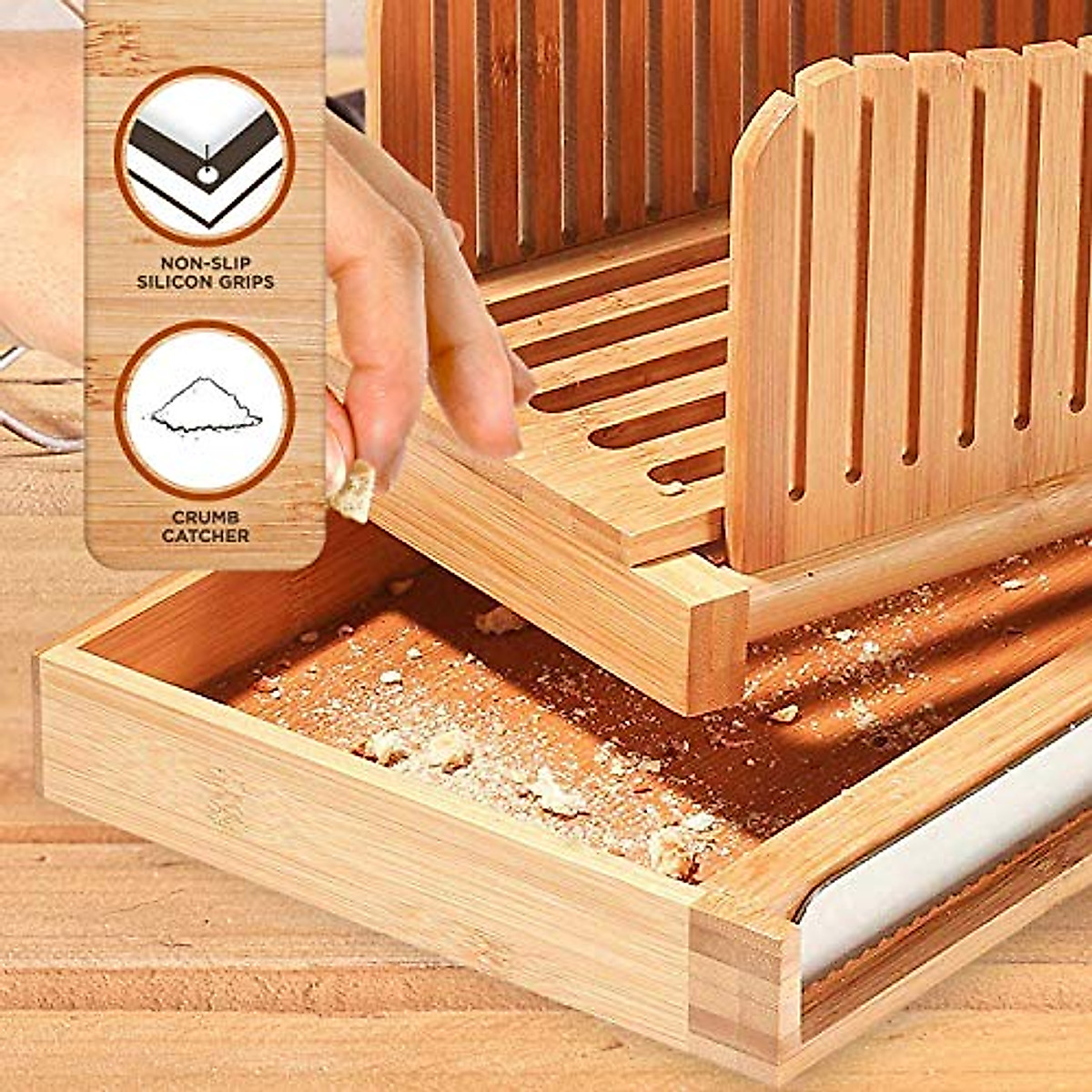 RAXXIO Bamboo Bread Slicer with Knife, Adjustable, Foldable and Compact with Crumb Tray, Bread Cutter for Homemade Bread, Loaf Cakes, Bagels Slicer, 3 Different Size Slices