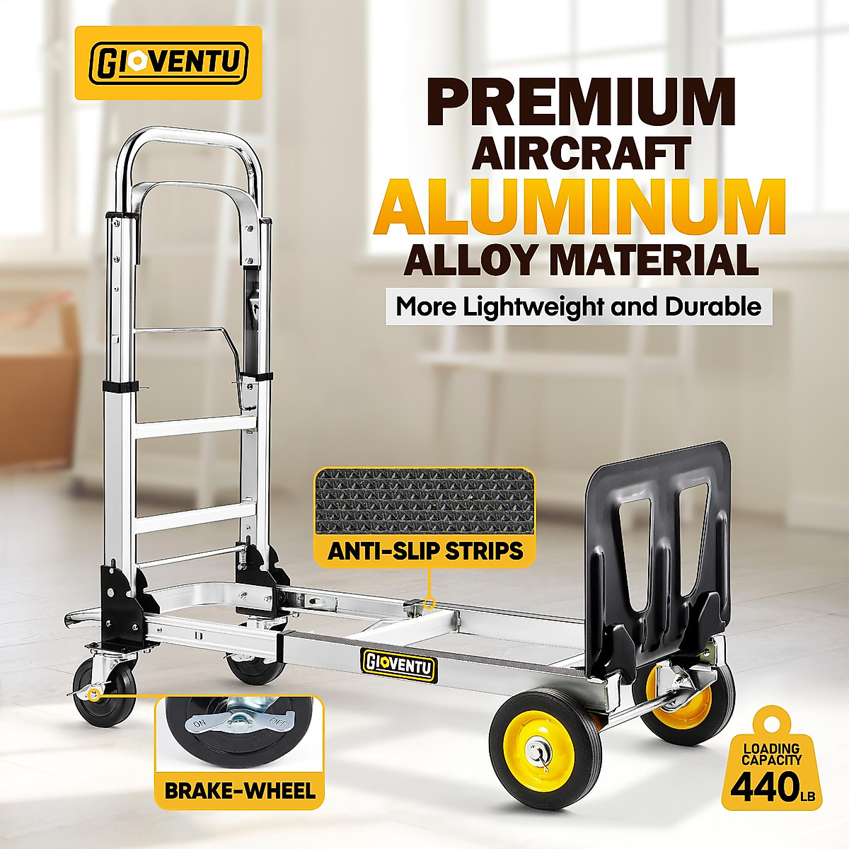 Upgraded Aluminium Folding Hand Truck, 3 in 1 Convertible Hand Truck Dolly 440 lbs Capacity, Foldable Dolly Cart with Rubber Brake-Wheels, Anti-Slip Strip & 2 Elastic Ropes for Home Office Warehouse