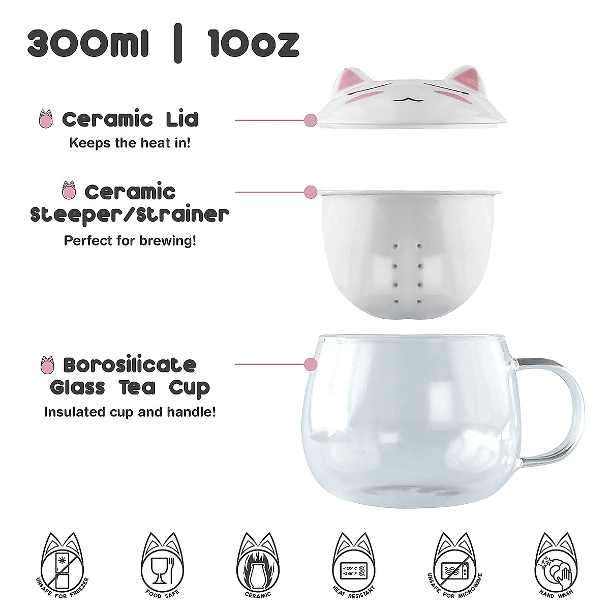 Cute Cat Creations, Crazy Cat LadyLovers Glass 300ml10oz Tea Cup with Tail Handle & Kitty Kat Ears Ceramic Lid, Kawaii Teacup with Ceramic Tea Leaf InfuserSteeperStrainer