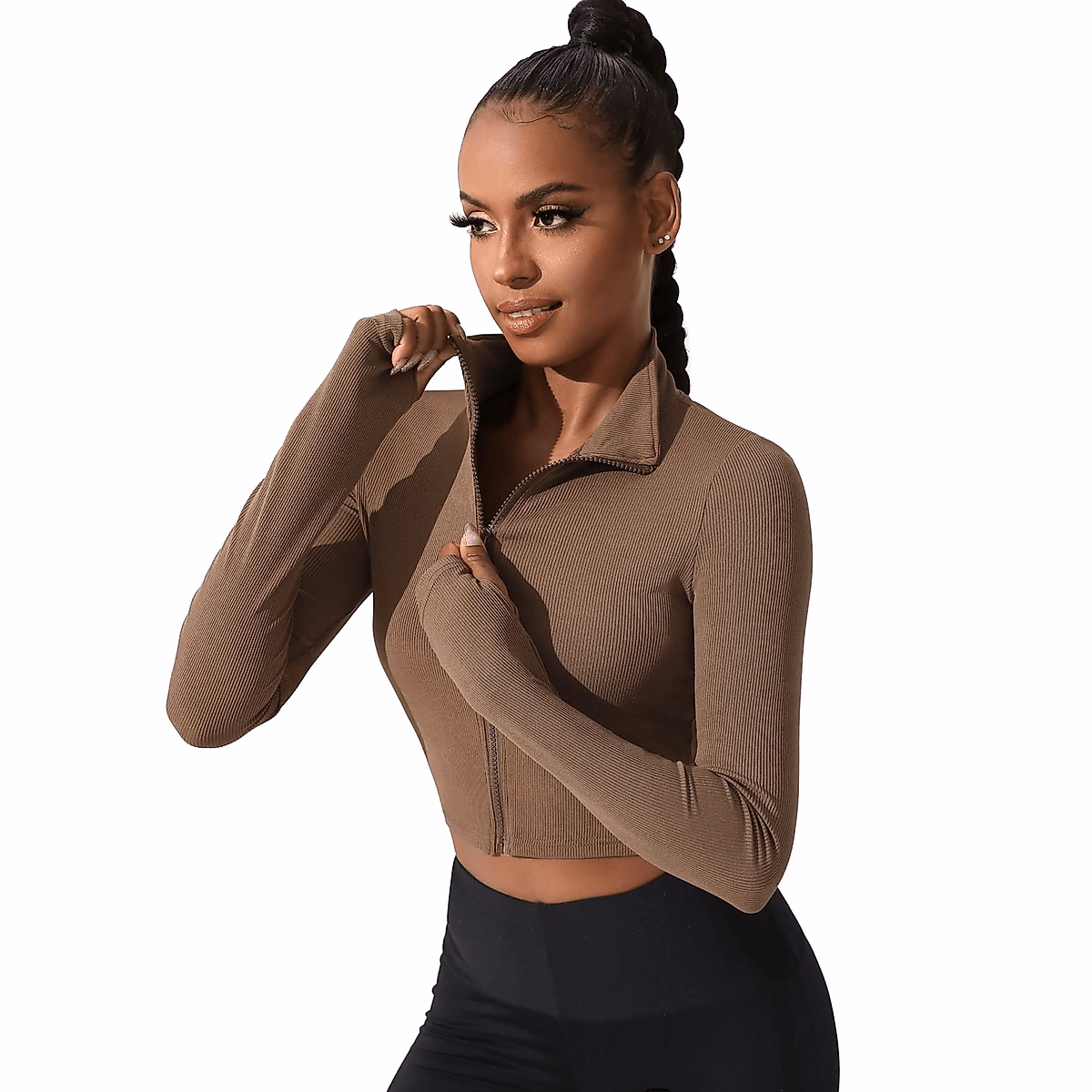 SweatyRocks Women's Long Sleeve Stand Collar Zip Up Crop Top Stretchy Sports Jacket Activewear Coffee Brown L