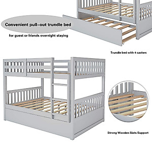Olela Full Over Full Bunk Bed with Twin Trundle,Convertible Wood Full Bunk Bed Frame with Trundle Guard Rail Ladder for Kids Teens,No Box Spring Need,Gray