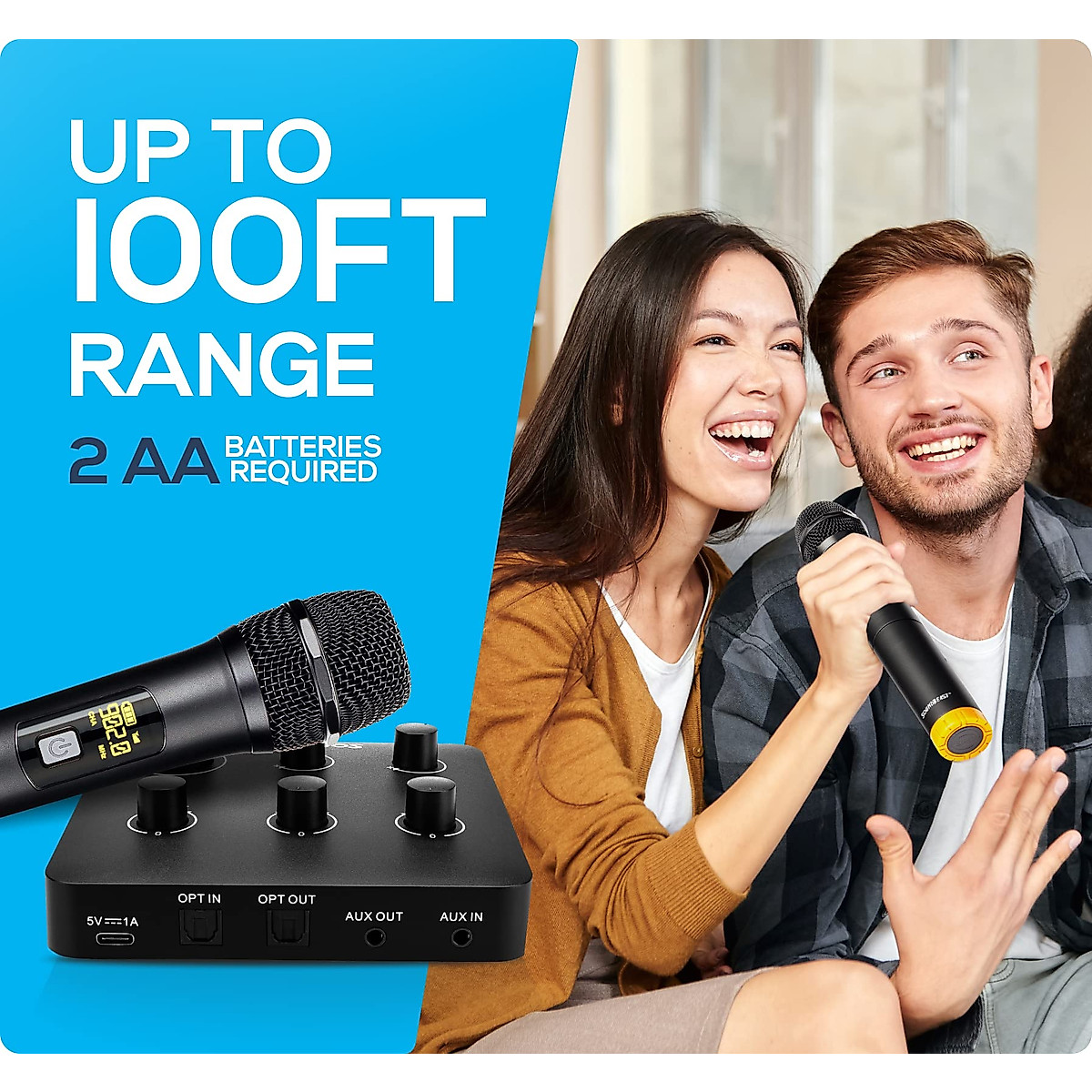 SoundBeast Wireless Karaoke & PA Mixer System - Includes 2 Wireless Microphones & 1 Mini Mixer - Bluetooth, Aux, Optical Input - Optical & Aux Output