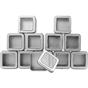 Cornucopia Square Silver Metal Tins w/View Window (12-Pack); Empty 1/2 Cup / 4-Ounce Capacity Clear Top Metal Boxes Great for Candles, Candies, Gifts