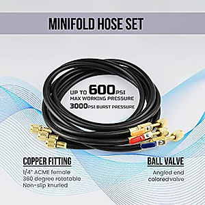 Lichamp 3 Pieces 5FT AC HVAC Manifold Gauge Hose Kit with Ball Valve and 4 Pieces Hose Adapters Fits R134A R410A R404A R12 R22 R502 R1234YF Refrigerants